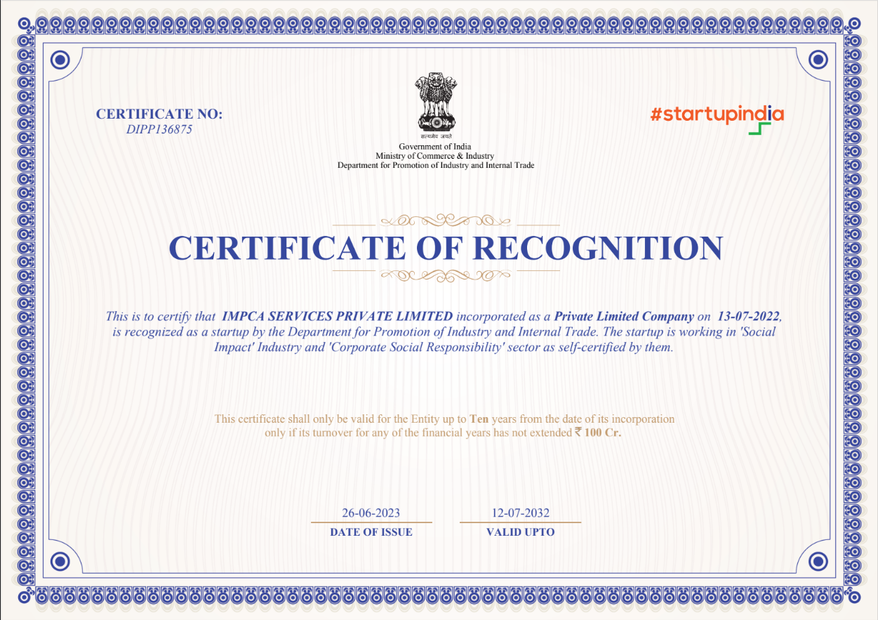 Certificate of Recognition from Startup India – Impca